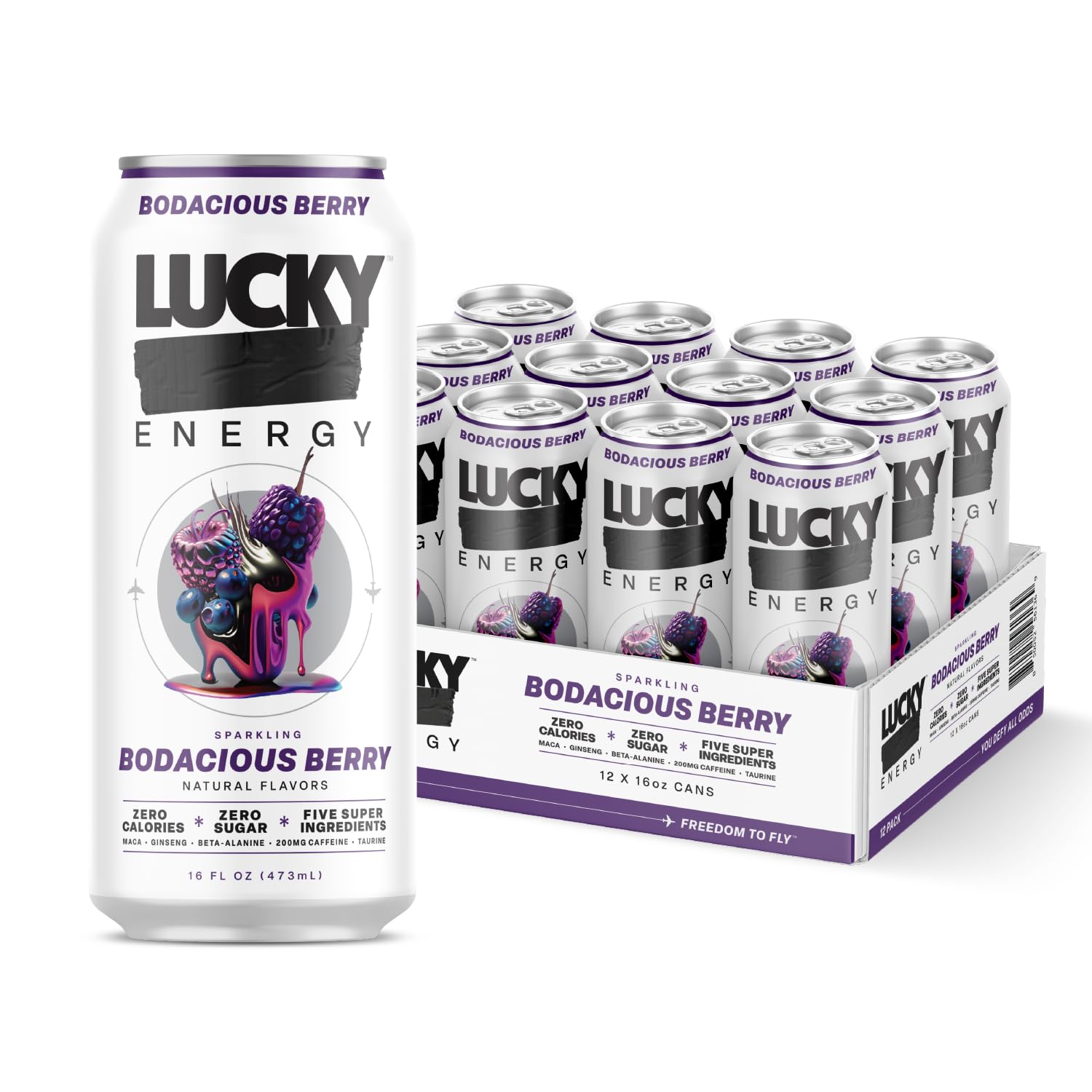 Lucky Energy Sparkling Energy Drink, Bodacious Berry, 16oz (Pack of 12 ...