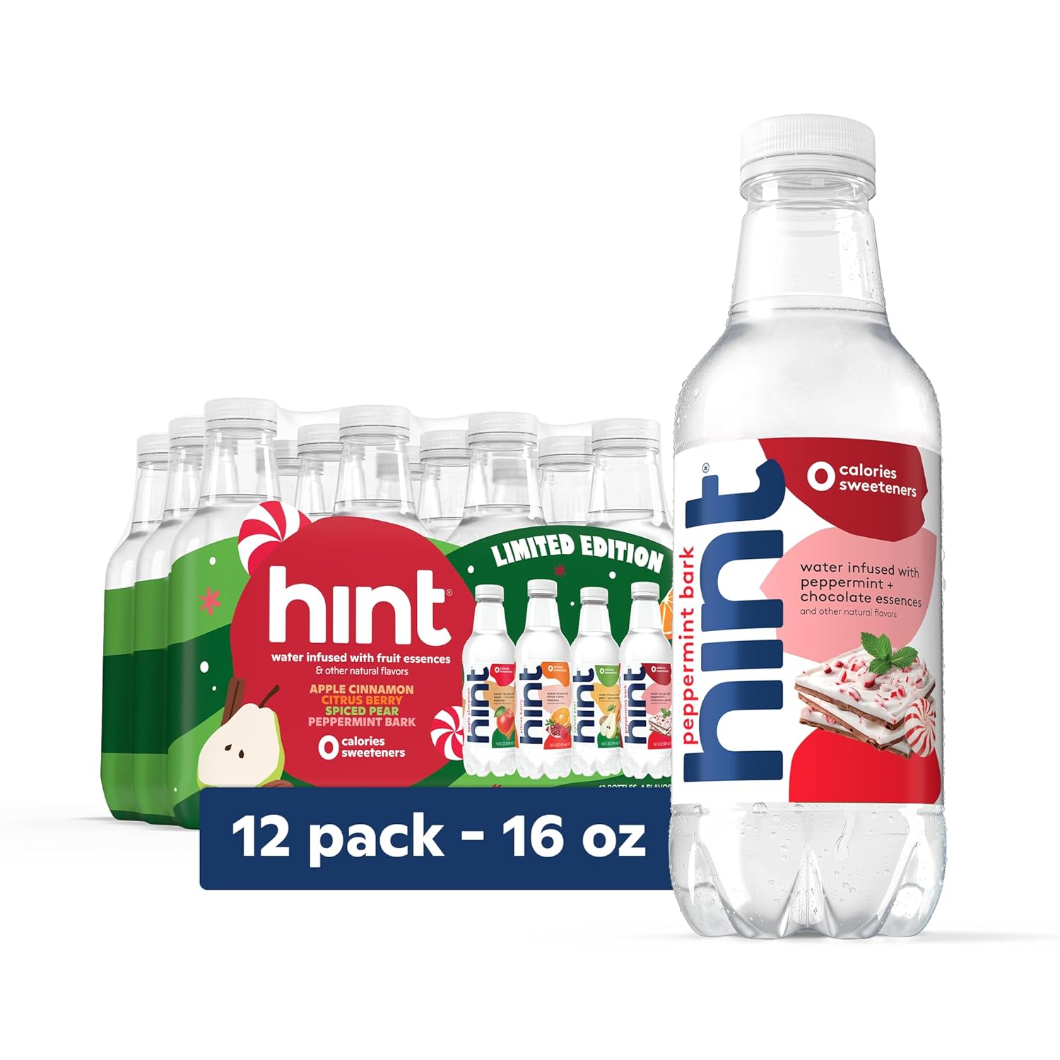 Hint Fruit-Infused Water, 4 Flavor Holiday Seasonal Variety 16oz (Pack ...