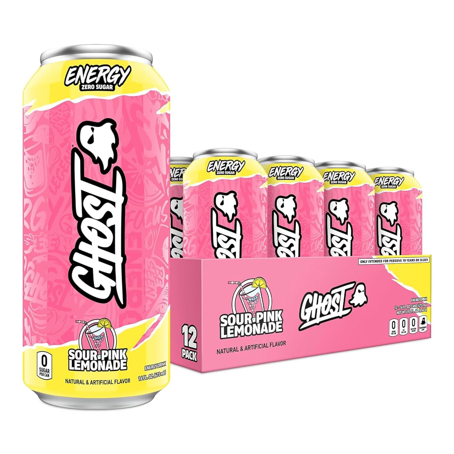 Ghost Energy Drink, Sour Pink Lemonade, 16oz (Pack of 12) – Oasis Snacks