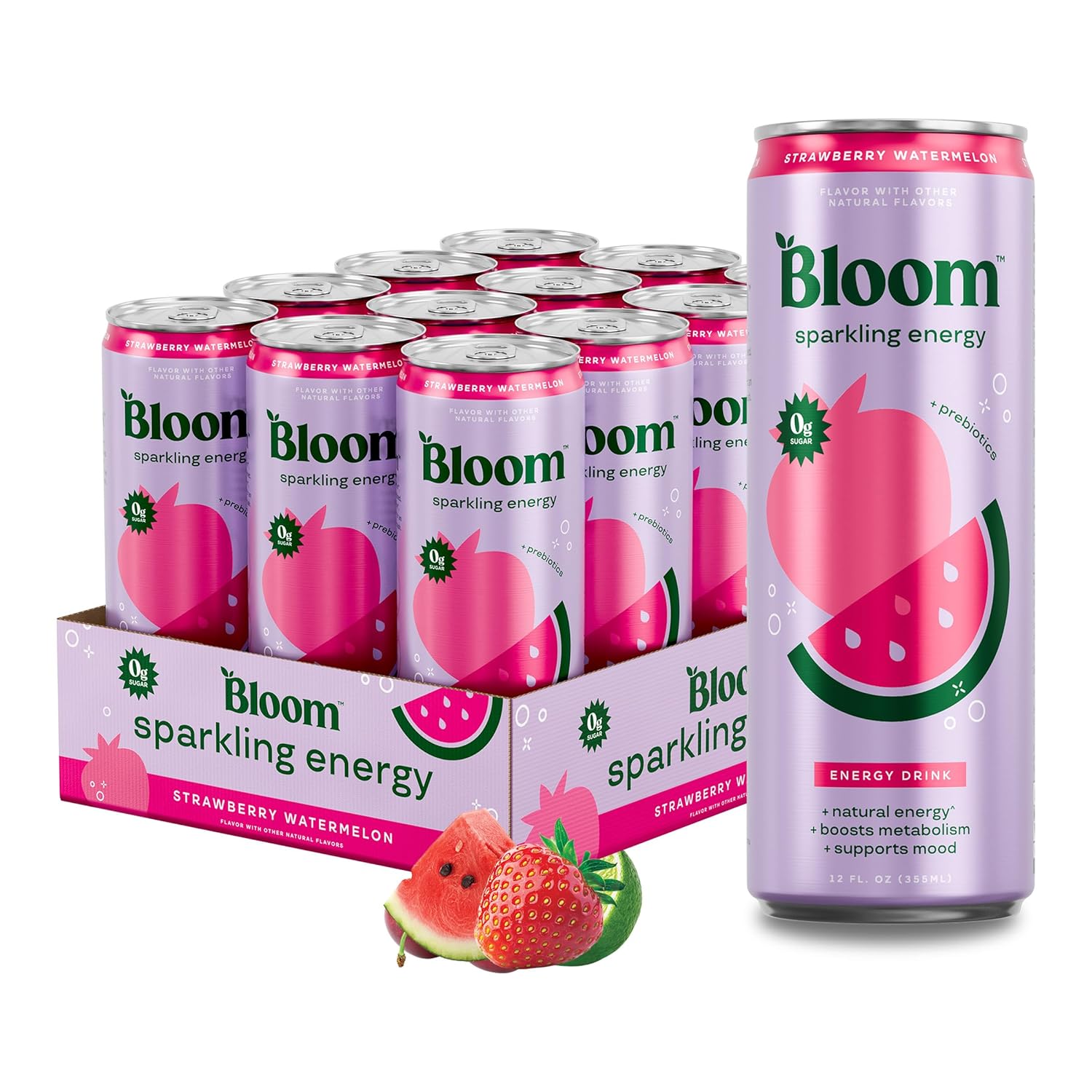 Bloom Sparkling Energy Drink, Strawberry Watermelon, 12oz (Pack of 12 ...