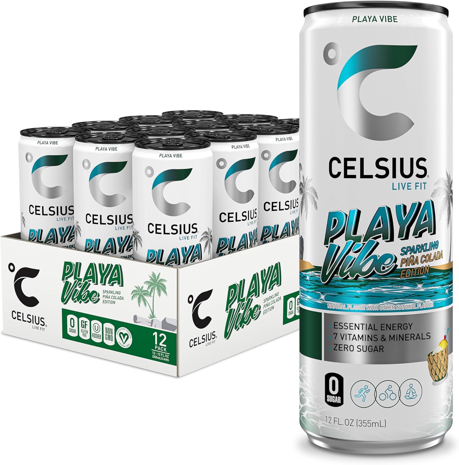 CELSIUS Sparkling Energy Drink, Piña Colada Playa Vibe, 12oz (Pack of ...