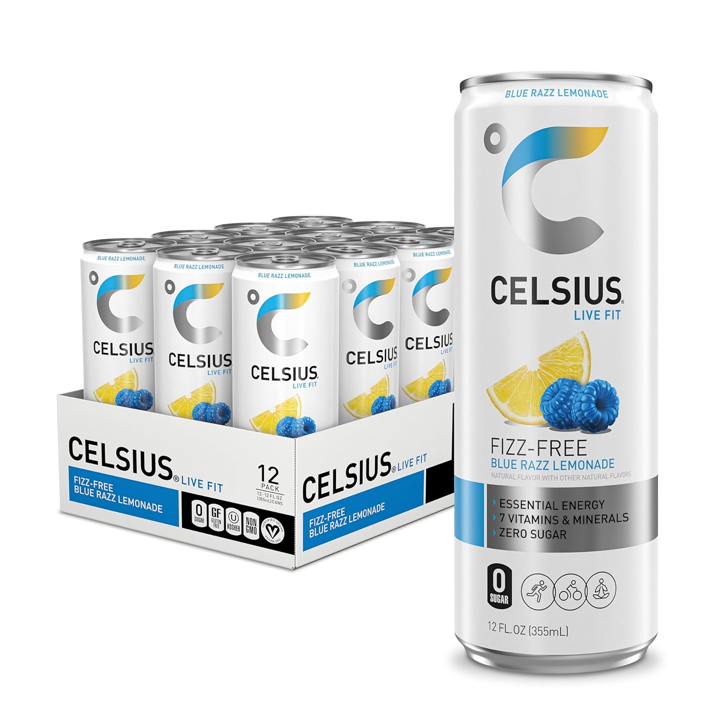 CELSIUS Fizz-Free Energy Drink, Blue Razz Lemonade, 12oz (Pack of 12 ...