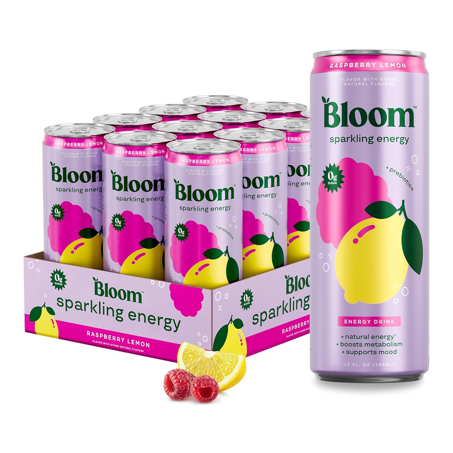 Bloom Sparkling Energy Drink, Raspberry Lemon, 12oz (Pack of 12 ...
