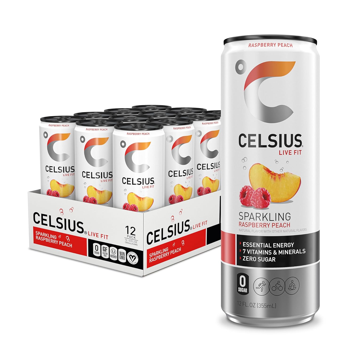 CELSIUS Sparkling Energy Drink, Raspberry Peach, 12oz (Pack of 12 ...