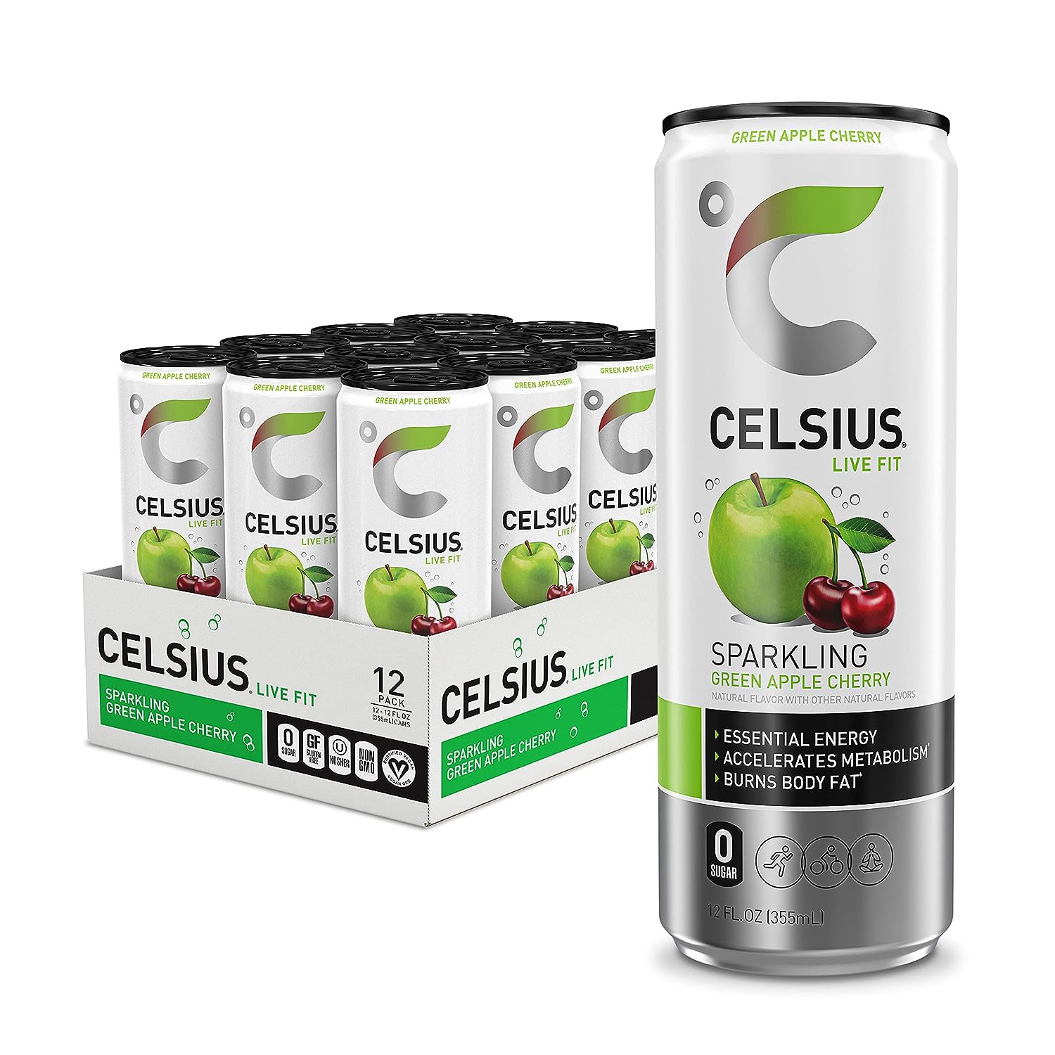 CELSIUS Sparkling Energy Drink, Green Apple Cherry, 12oz (Pack of 12 ...