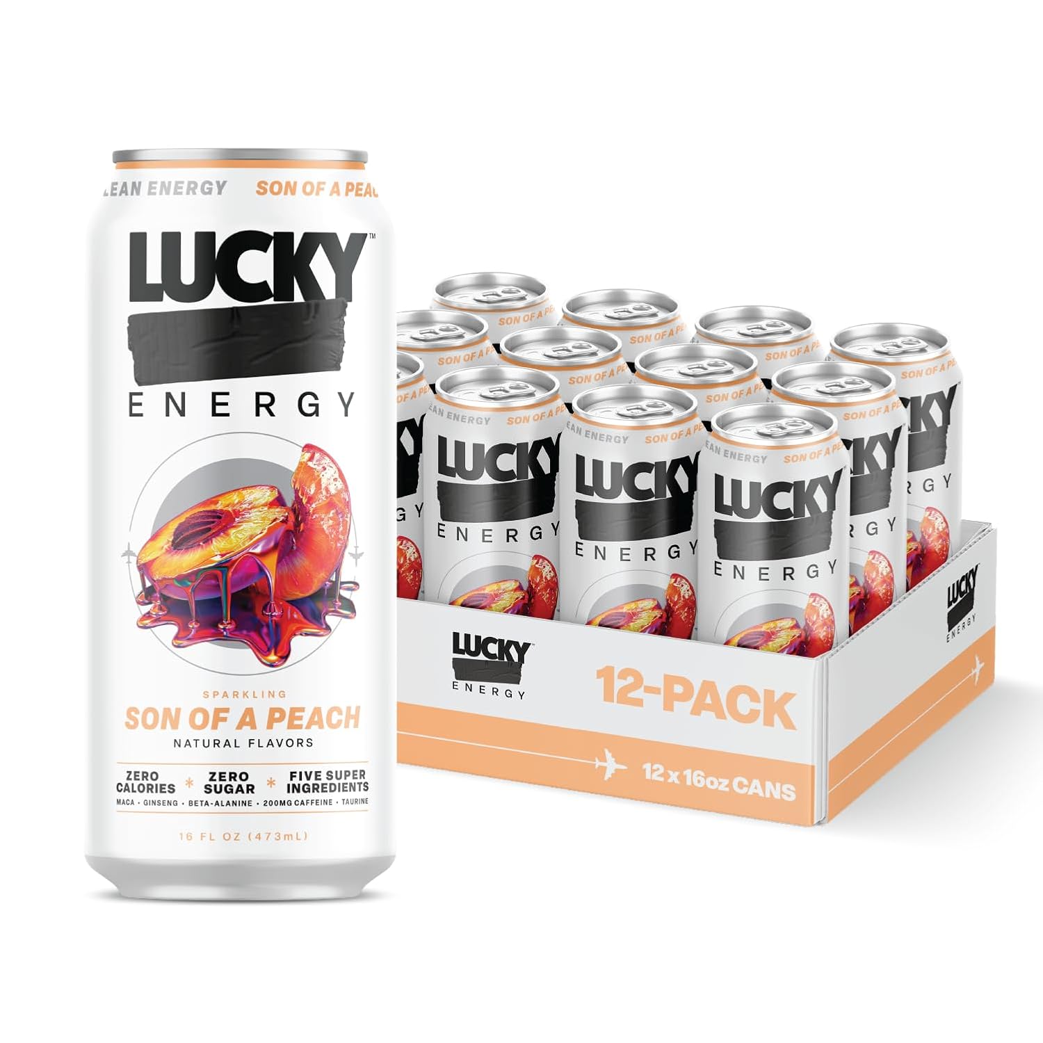 Lucky Energy Sparkling Energy Drink, Son of a Peach, 16oz (Pack of 12 ...